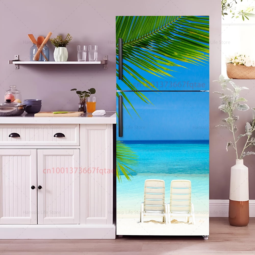 Summer Sea View Scenery Fridge Door Wrap Mural Cover Beach Chair Wall ...