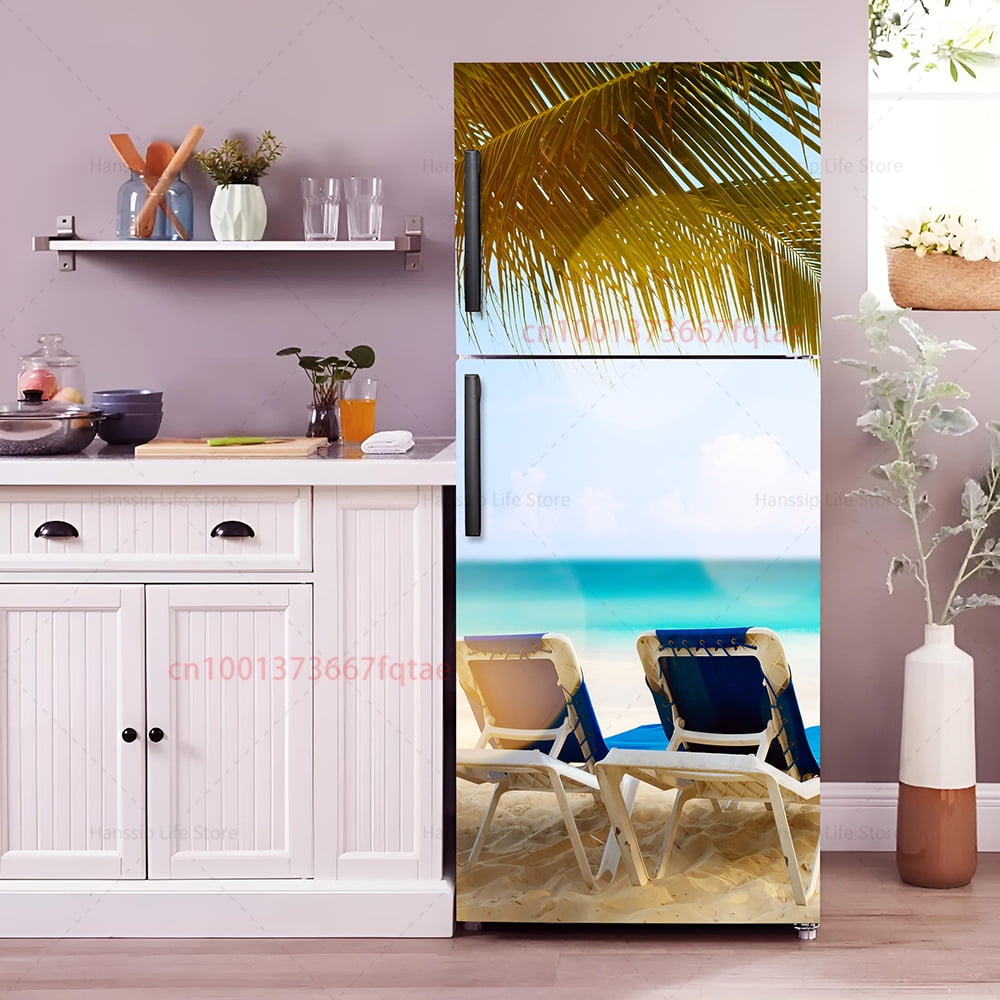 Summer Sea View Scenery Fridge Door Wrap Mural Cover Beach Chair Wall ...
