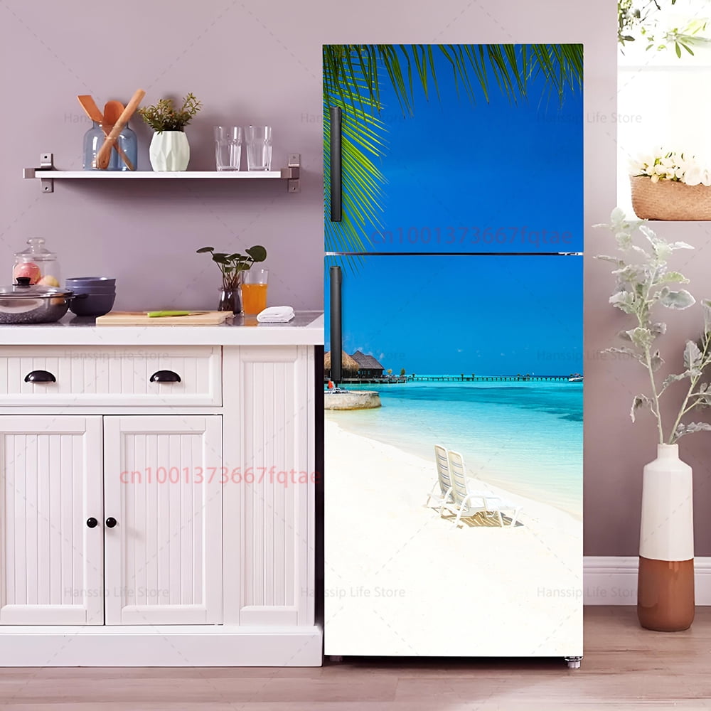 Summer Sea View Scenery Fridge Door Wrap Mural Cover Beach Chair Wall ...