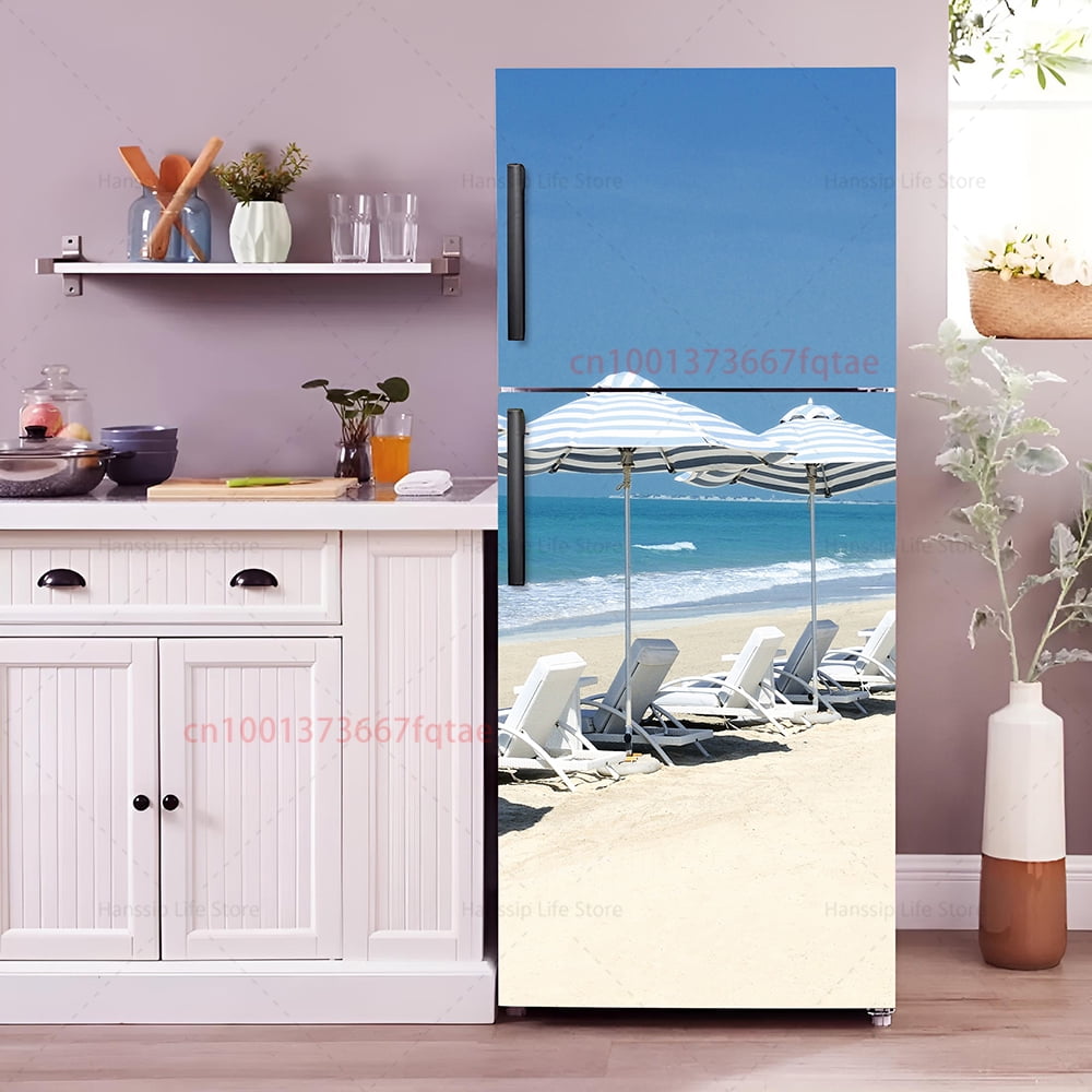 Summer Sea View Scenery Fridge Door Wrap Mural Cover Beach Chair Wall ...
