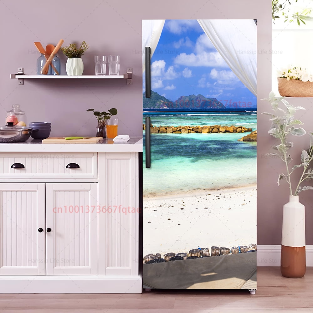 Summer Sea View Scenery Fridge Door Wrap Mural Cover Beach Chair Wall ...