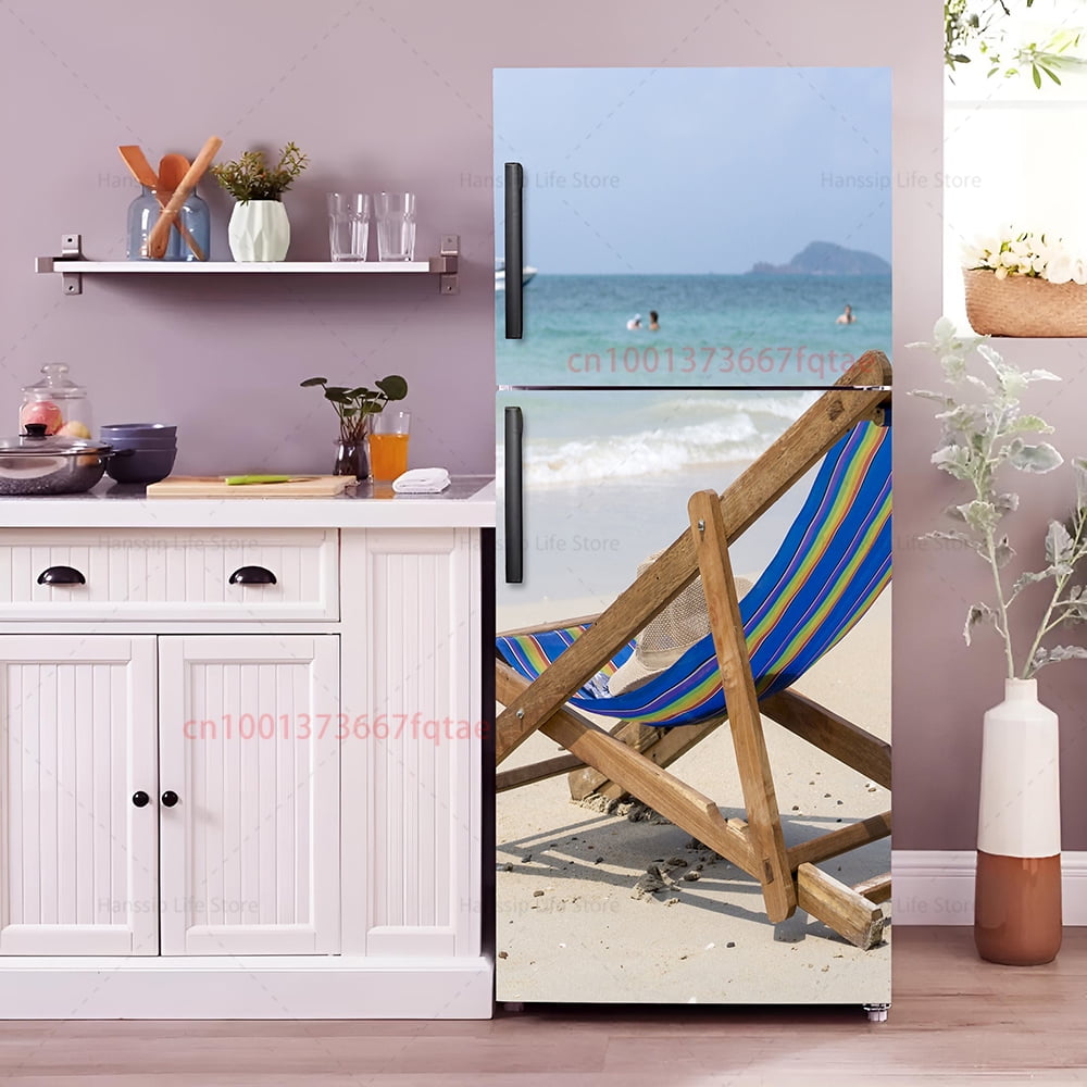 Summer Sea View Scenery Fridge Door Wrap Mural Cover Beach Chair Wall ...