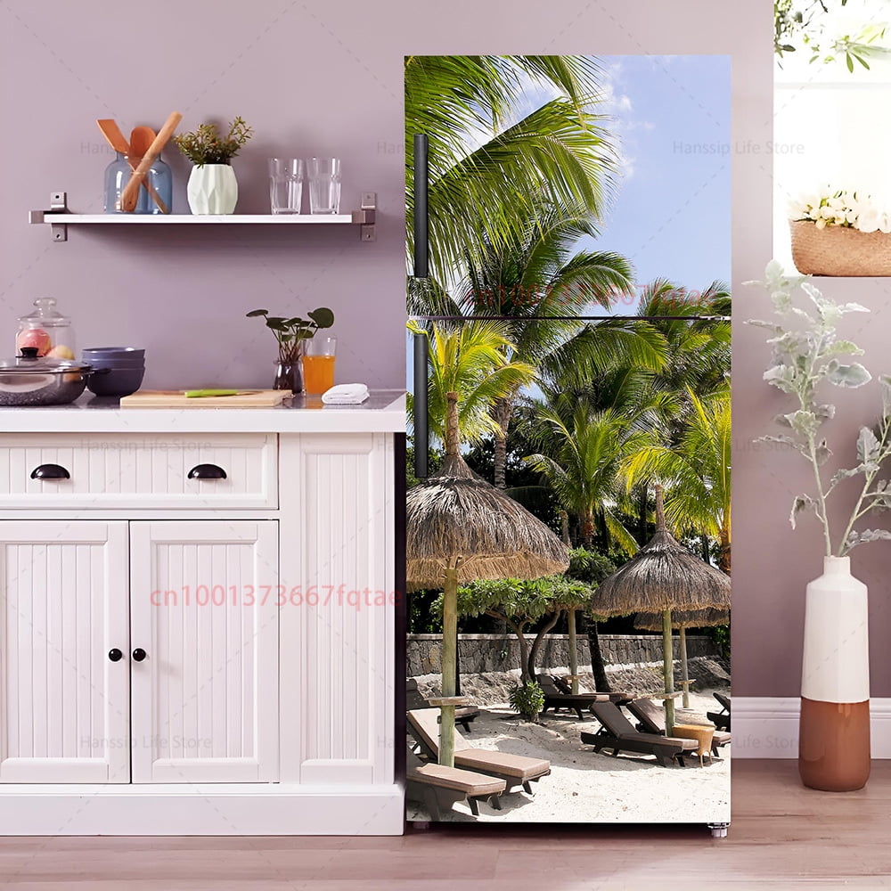 Summer Sea View Scenery Fridge Door Wrap Mural Cover Beach Chair Wall ...