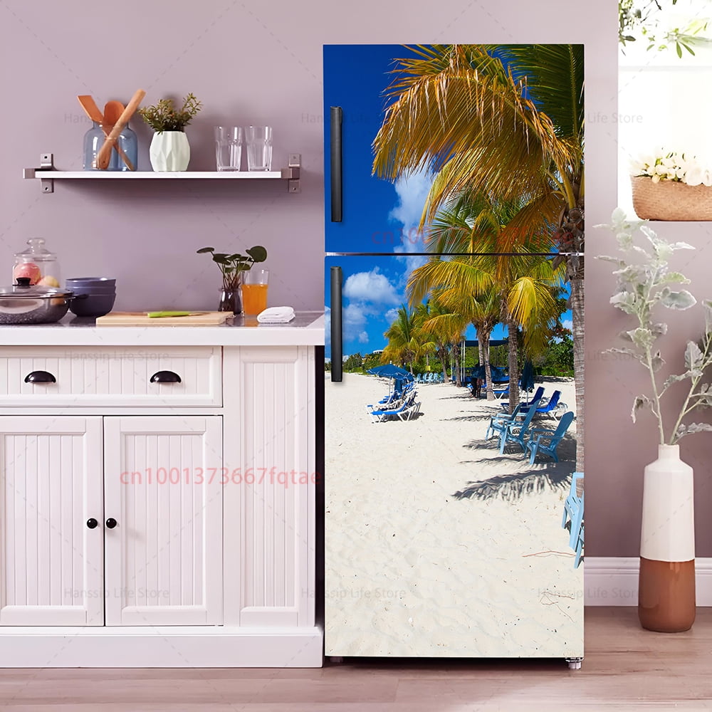 Summer Sea View Scenery Fridge Door Wrap Mural Cover Beach Chair Wall ...