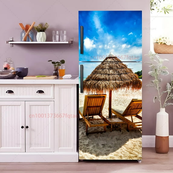 Summer Sea View Scenery Fridge Door Wrap Mural Cover Beach Chair Wall ...