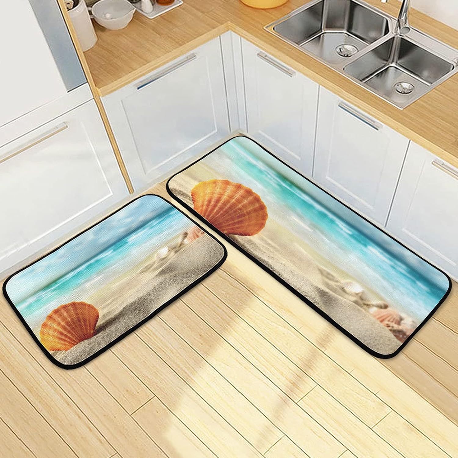 Summer Seashell Sand Kitchen Mats and Rugs Sparkling Sea Water Floor ...