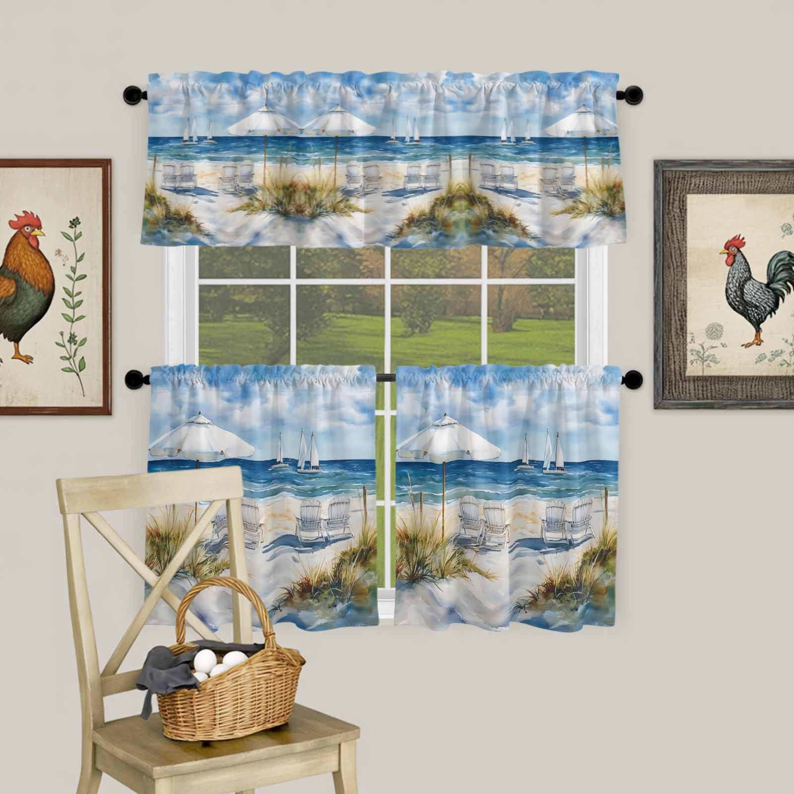 Summer Seaside Beach Chair Sun Umbrella Curtain Tier and Valance Set 3 ...