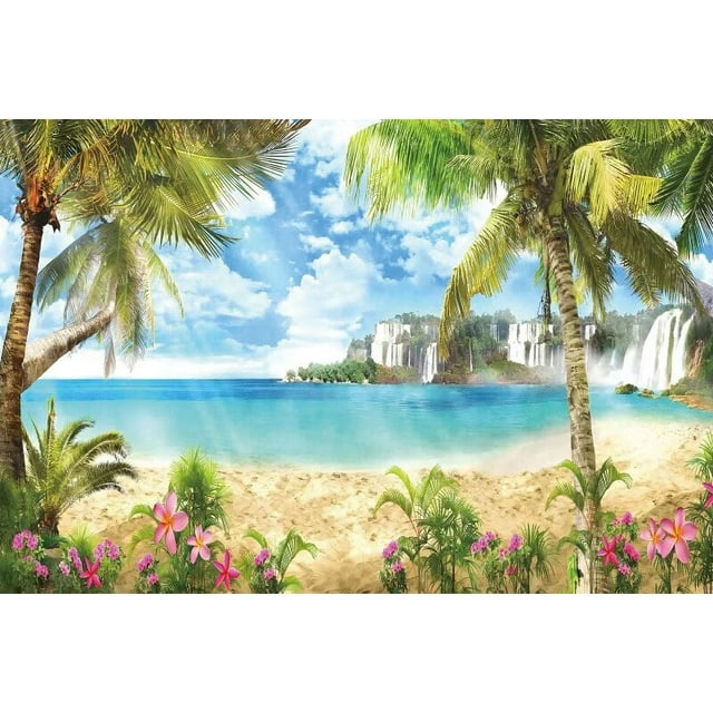 Summer Seaside Beach Scene Backdrop Tropical Trees Flower Island Sea ...