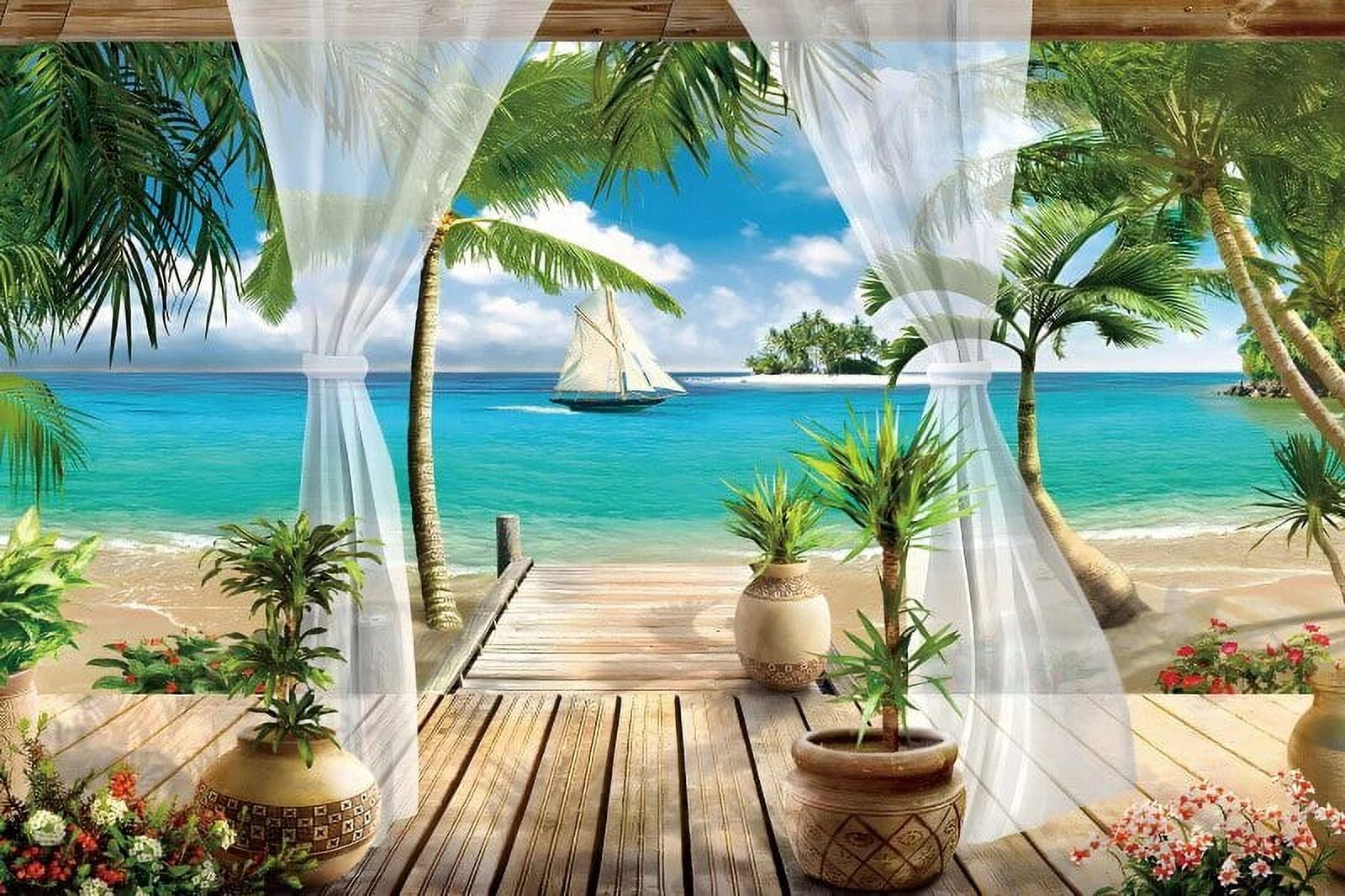 Summer Seaside Beach Scene Backdrop Tropical Trees Flower Island Sea ...