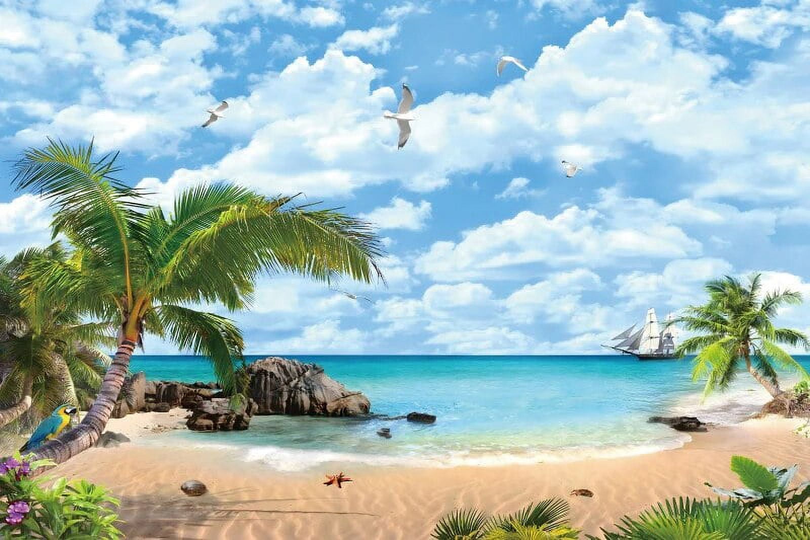 Summer Seaside Beach Scene Backdrop Tropical Trees Flower Island Sea ...
