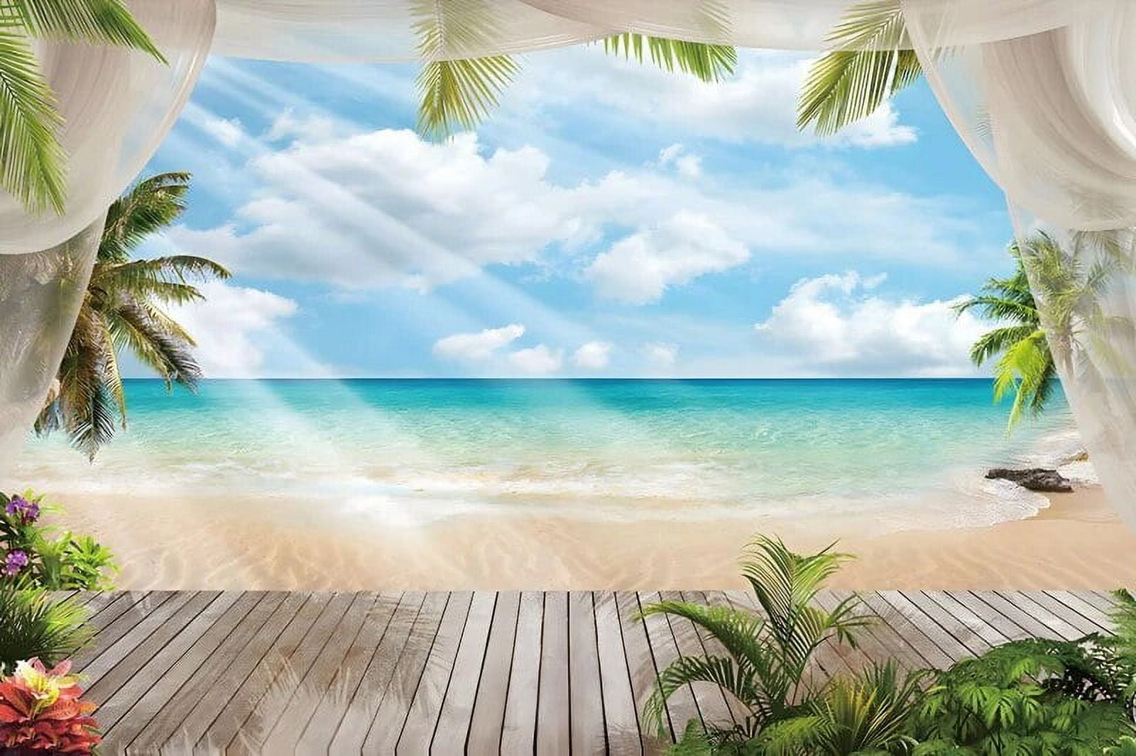 Summer Seaside Beach Scene Backdrop Tropical Trees Flower Island Sea Waves Bridal Shower ...