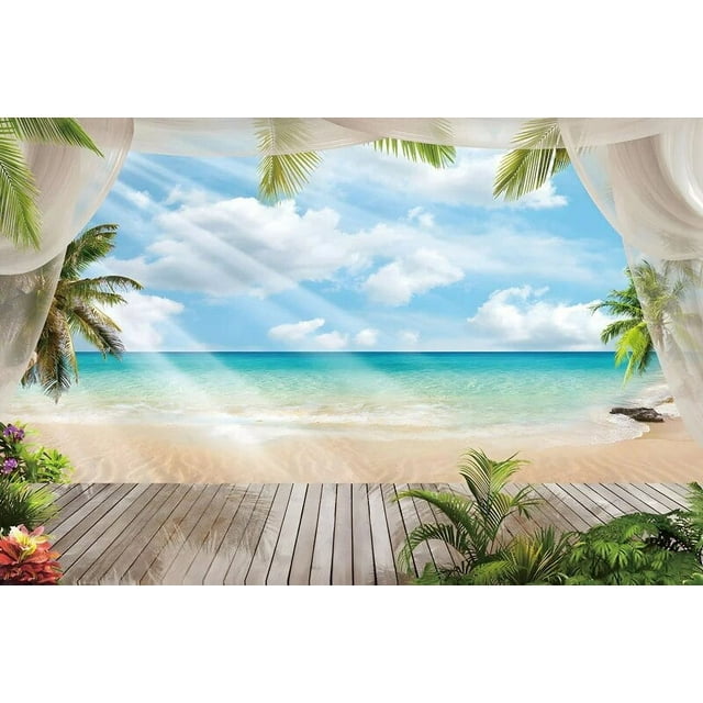 Summer Seaside Beach Scene Backdrop Tropical Trees Flower Island Sea ...