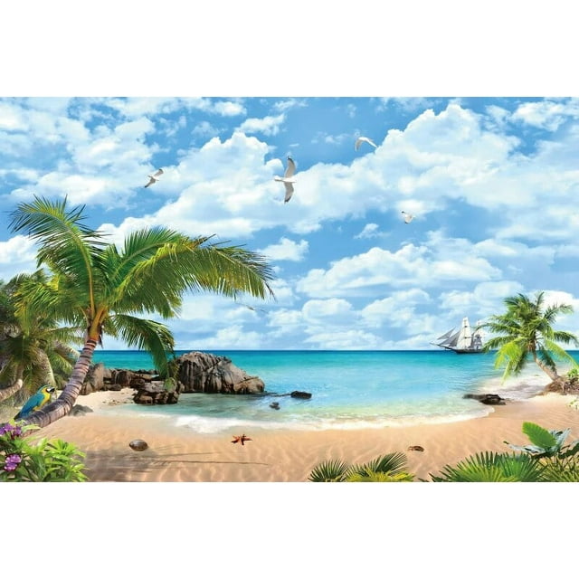 Summer Seaside Beach Scene Backdrop Tropical Trees Flower Island Sea ...