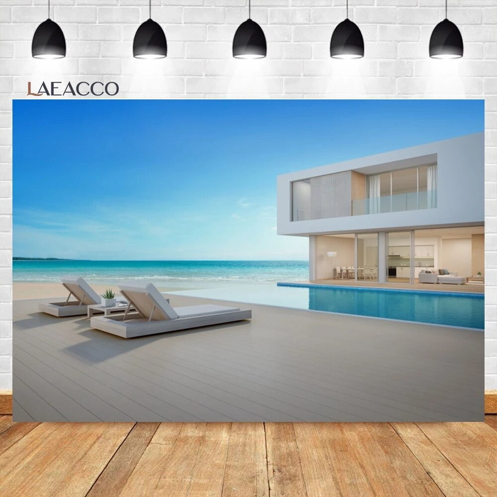 Summer Seaside Modern Villa Backdrop Blue Swimming Pool Sea View Room ...
