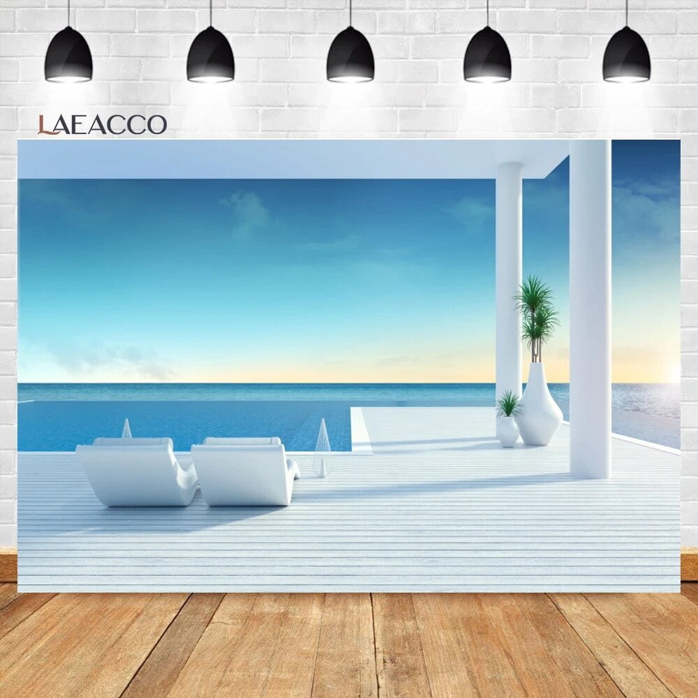 Summer Seaside Modern Villa Backdrop Blue Swimming Pool Sea View Room ...