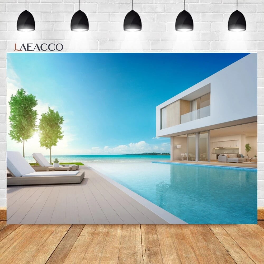 Summer Seaside Modern Villa Backdrop Blue Swimming Pool Sea View Room ...