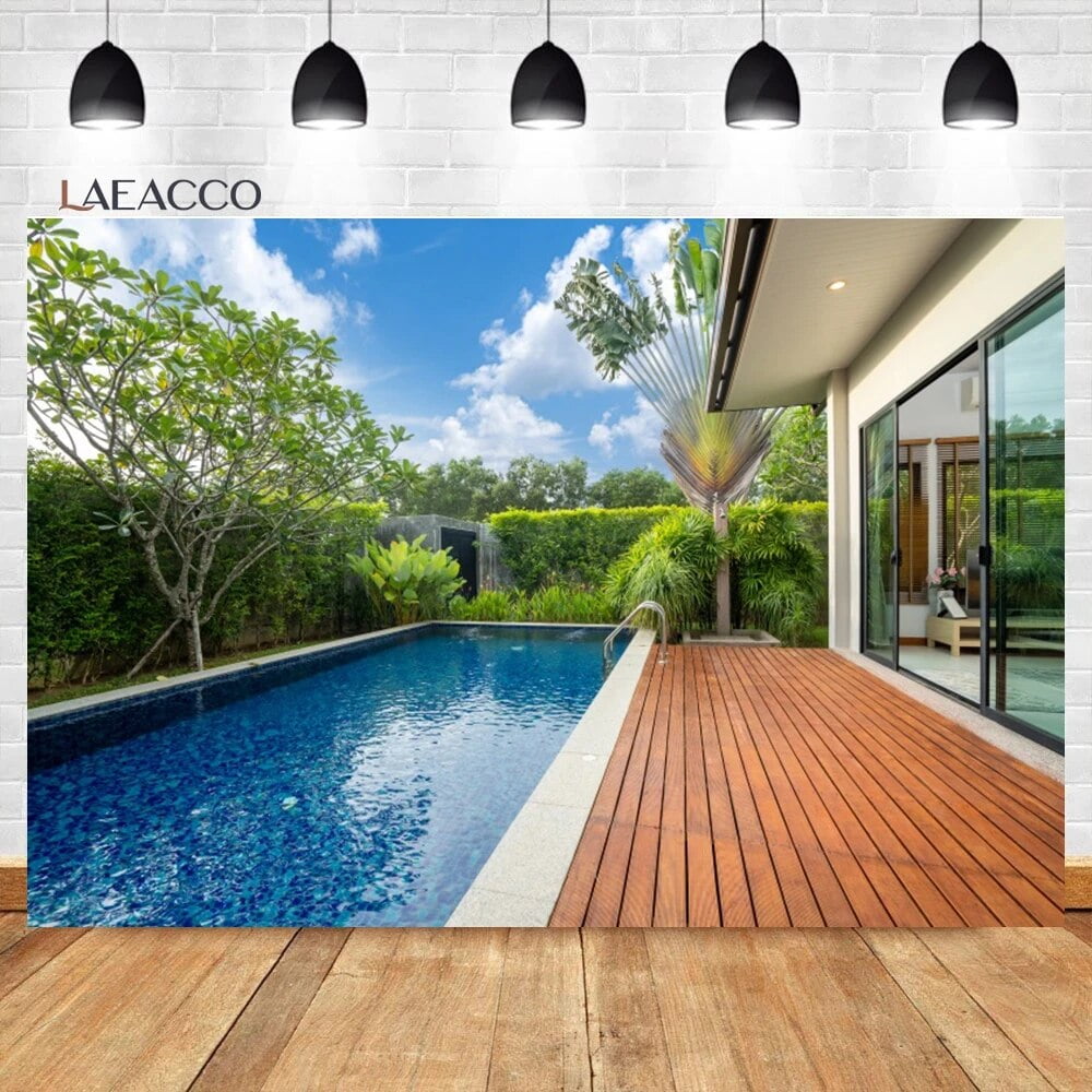 Summer Seaside Modern Villa Backdrop Blue Swimming Pool Sea View Room ...