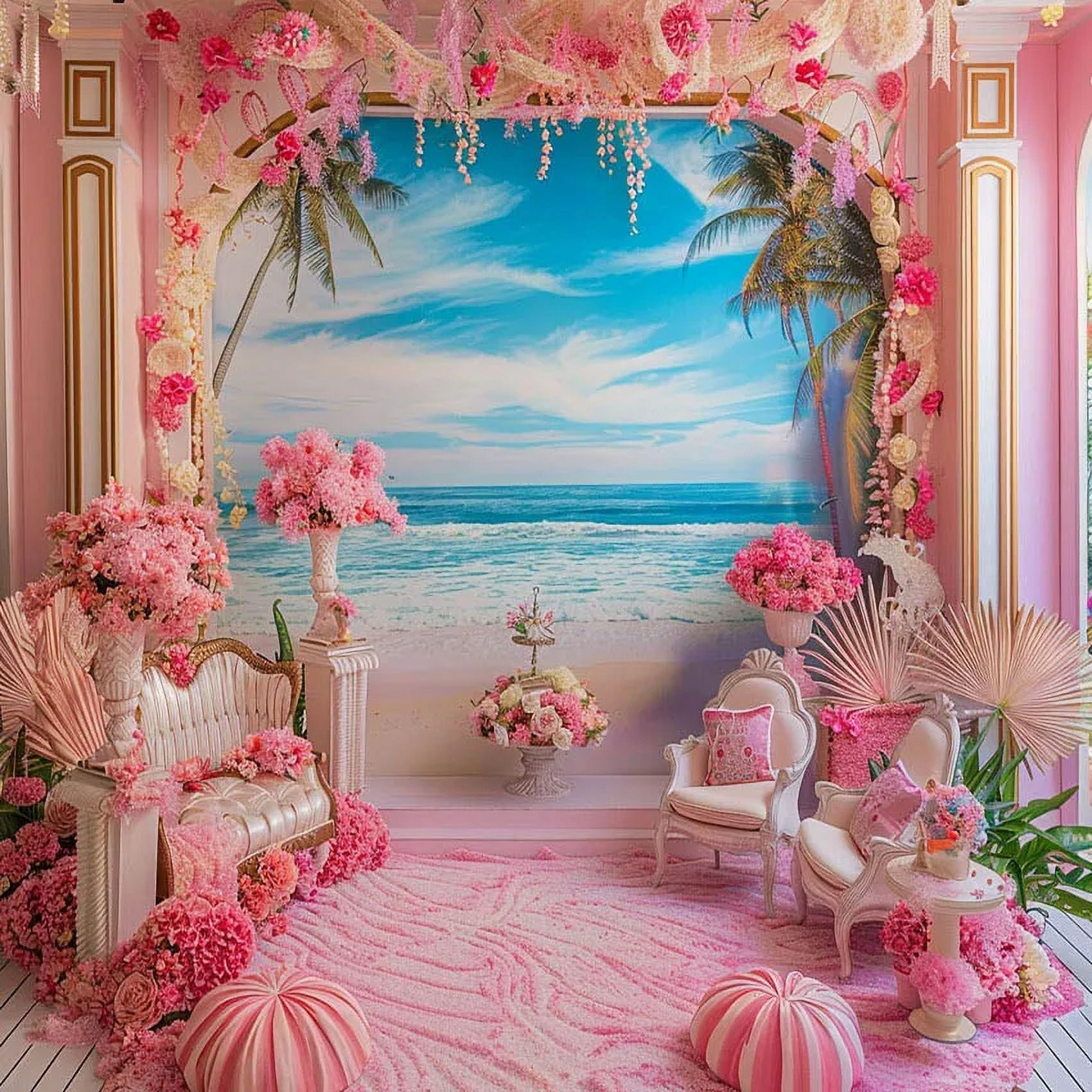 Summer Seaside Pink House Beach Princess Girl Birthday Party Portrait r ...