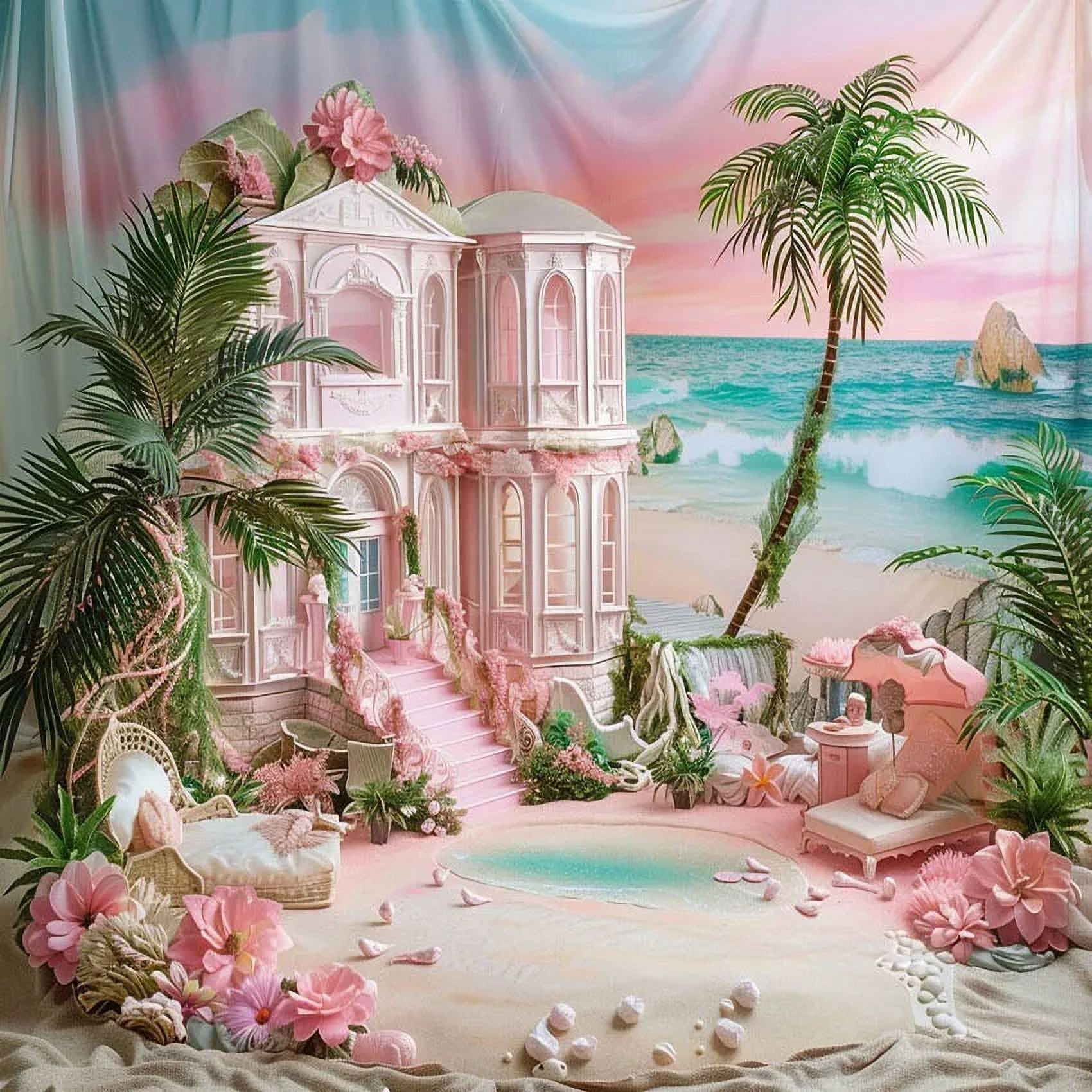 Summer Seaside Pink House Beach Princess Girl Birthday Party Portrait r ...