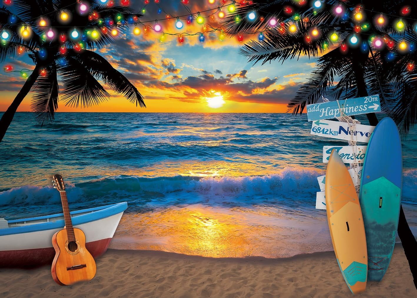 Summer Seaside Sunset Backdrop Beach Palm Tree Colorful Lights ...