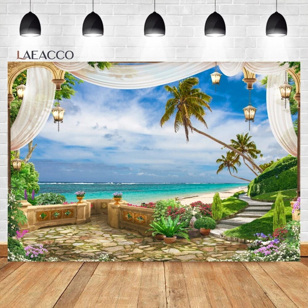 Summer Seaside Tropical Beach Balcony View Backdrop Palm Trees Mountain ...