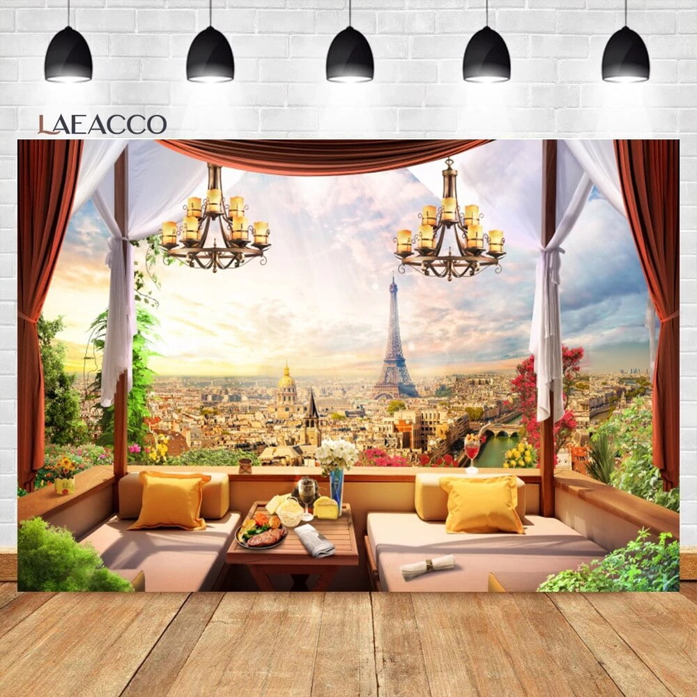 Summer Seaside Tropical Beach Balcony View Backdrop Palm Trees Mountain ...