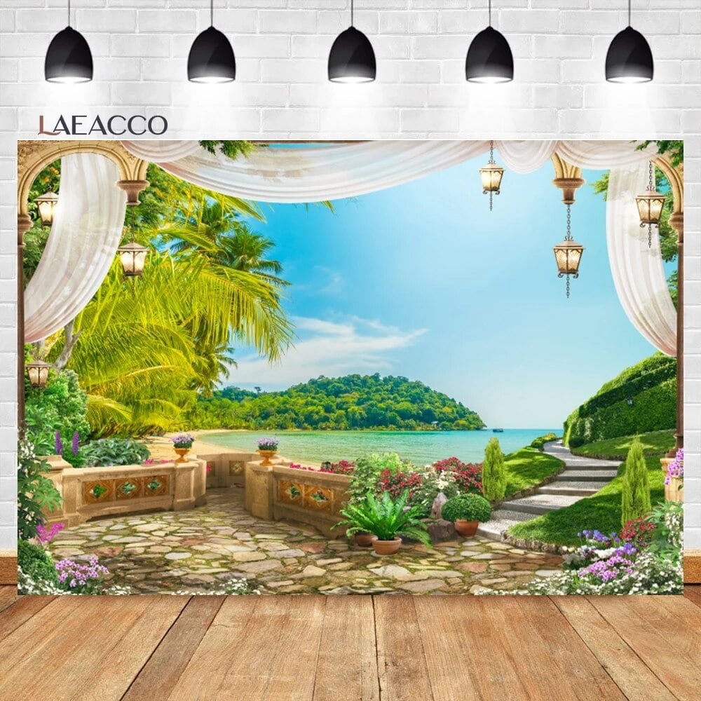 Summer Seaside Tropical Beach Balcony View Backdrop Palm Trees Mountain ...