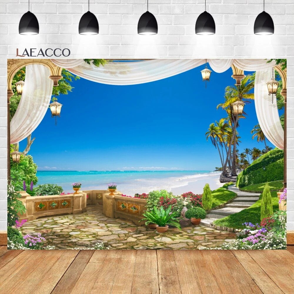 Summer Seaside Tropical Beach Balcony View Backdrop Palm Trees Mountain ...