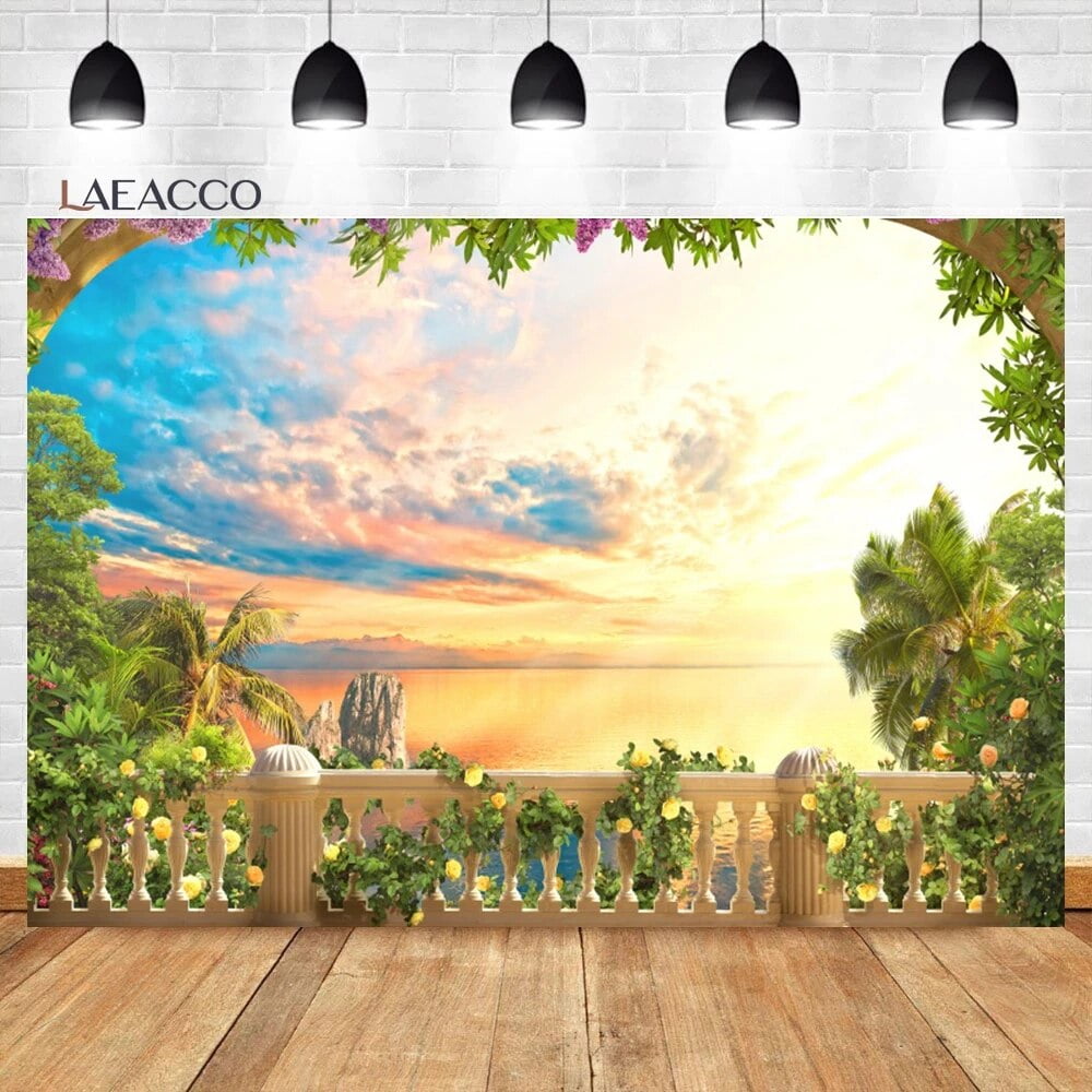 Summer Seaside Tropical Beach Balcony View Backdrop Palm Trees Mountain ...
