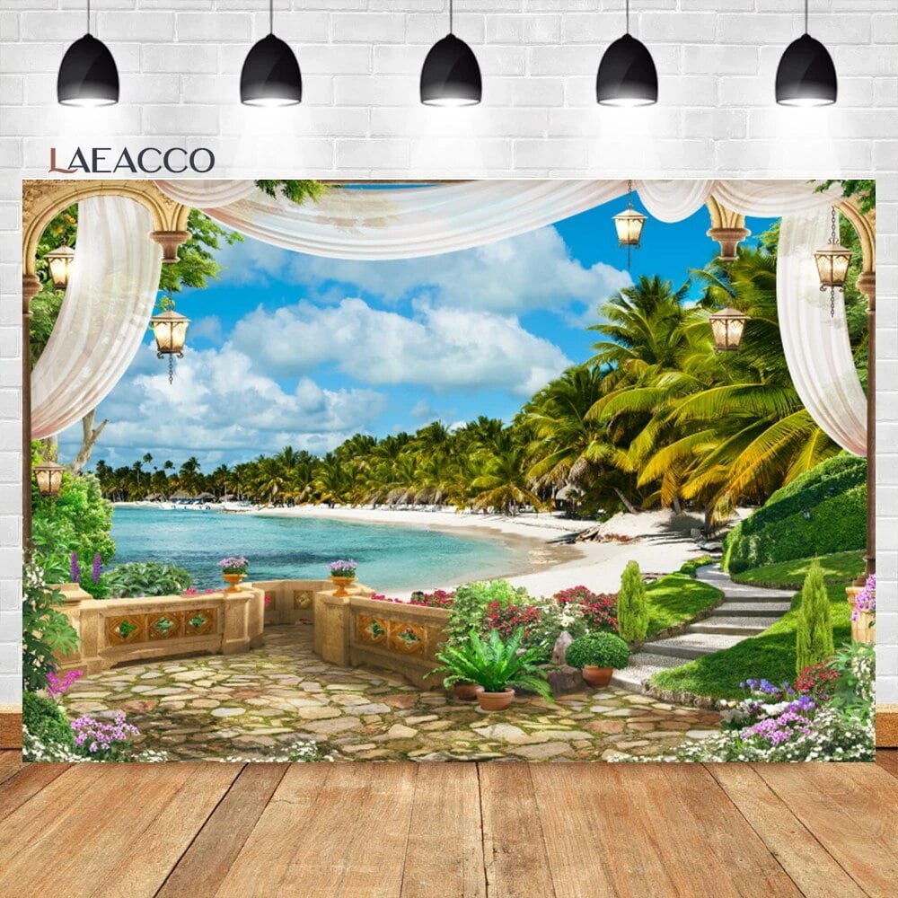 Summer Seaside Tropical Beach Balcony View Backdrop Palm Trees Mountain ...
