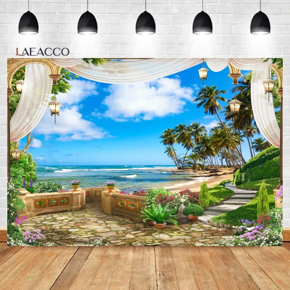 Summer Seaside Tropical Beach Balcony View Backdrop Palm Trees Mountain ...
