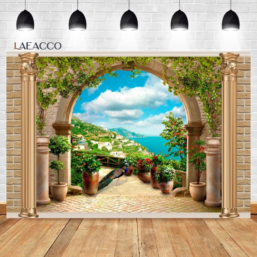 Summer Seaside Tropical Beach Balcony View Backdrop Palm Trees Mountain ...
