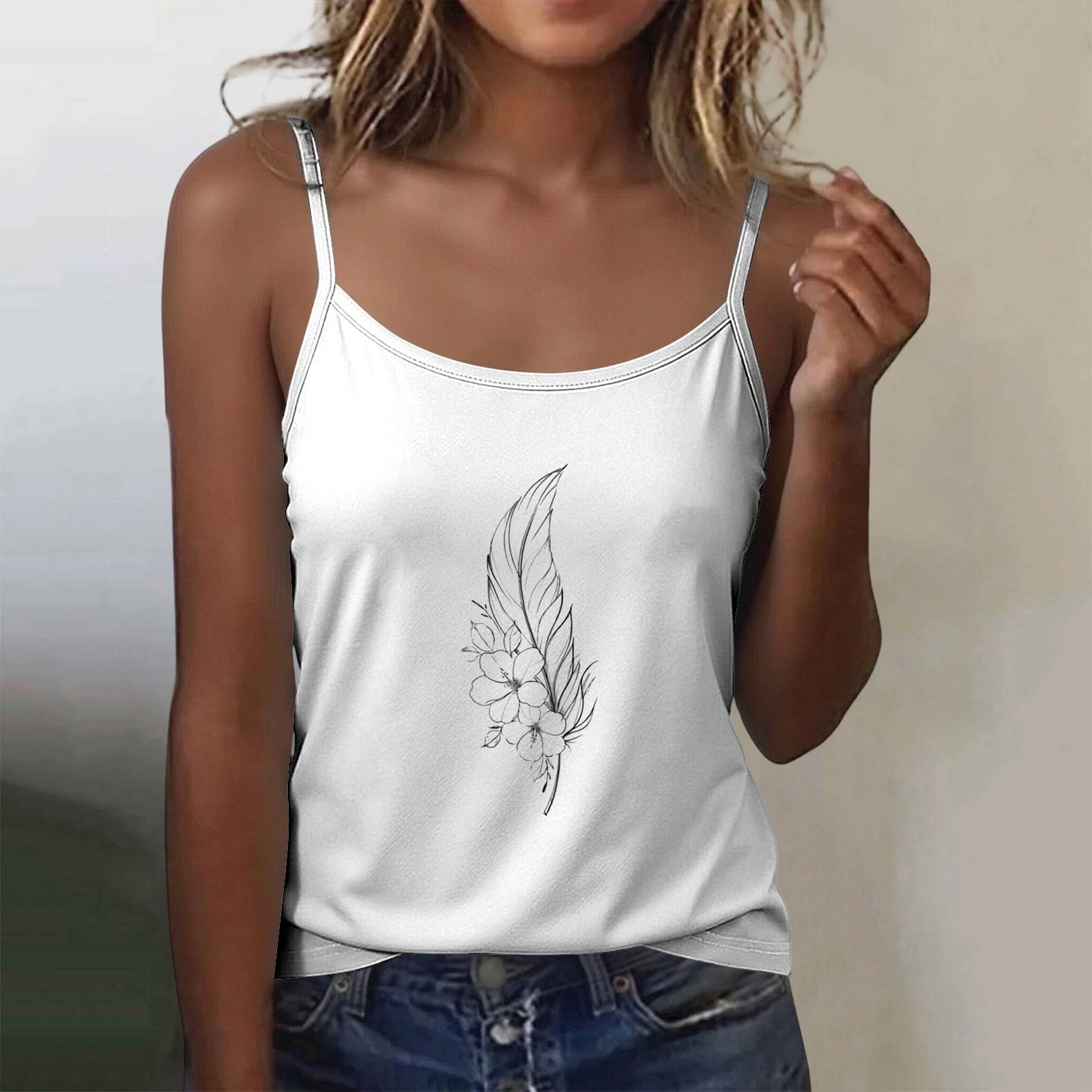 Summer Season Women's Tank Top with Floral Print Round Neck Adjustable ...