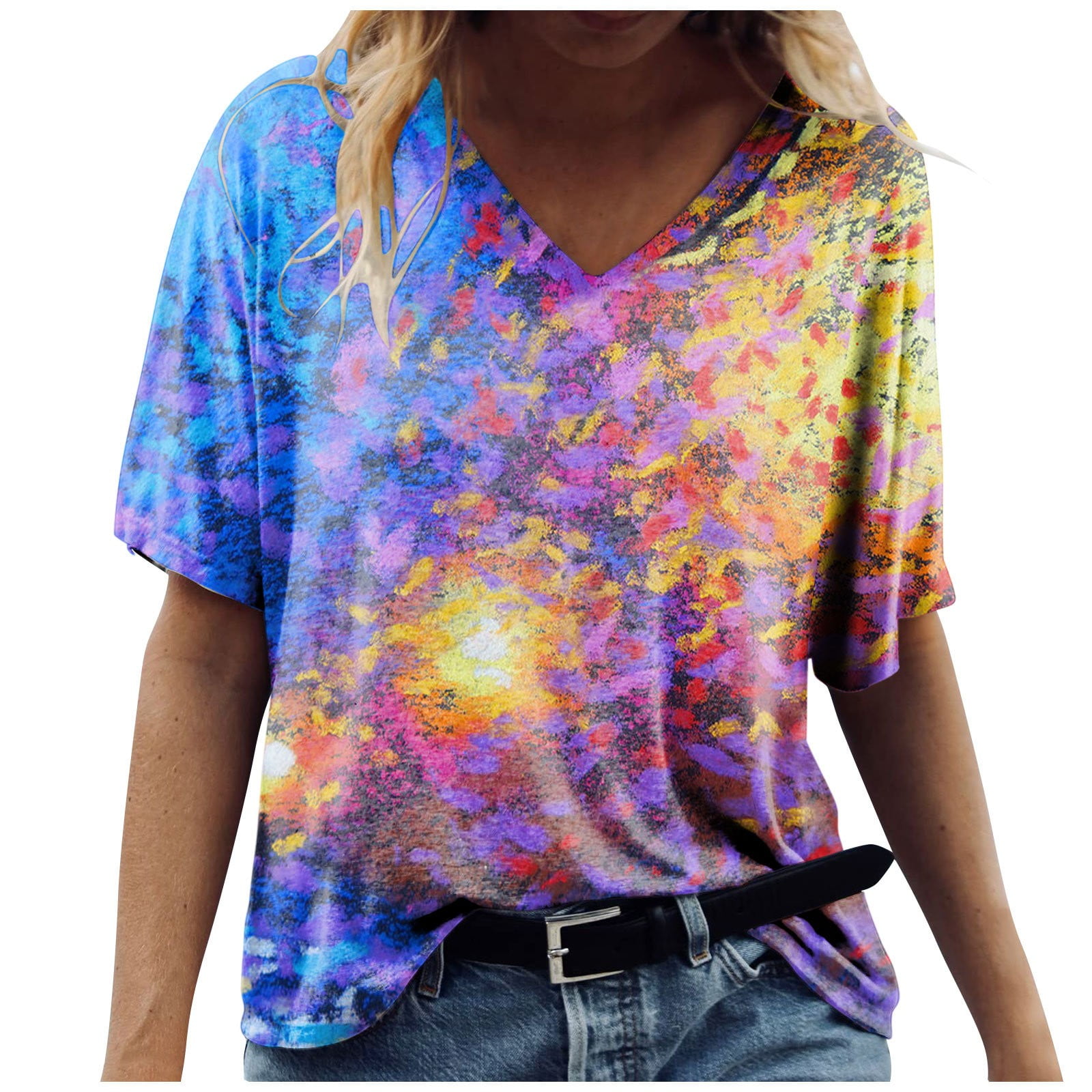 Summer Sexy Fold Print Regular Women Short Sleeve V Neck Button Tops ...