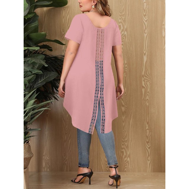 Summer Sexy Pink Womens Plus Size Contrast Guipure Lace Split Back