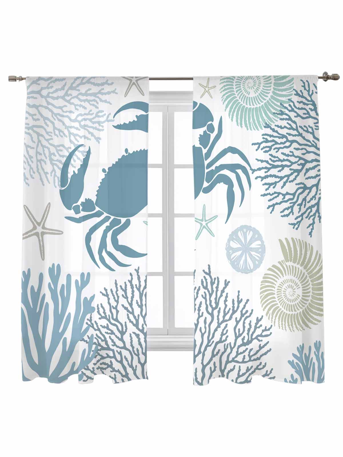 Summer Sheer Curtains 2 Panels Set Teal Green Crab Coral Seashell ...