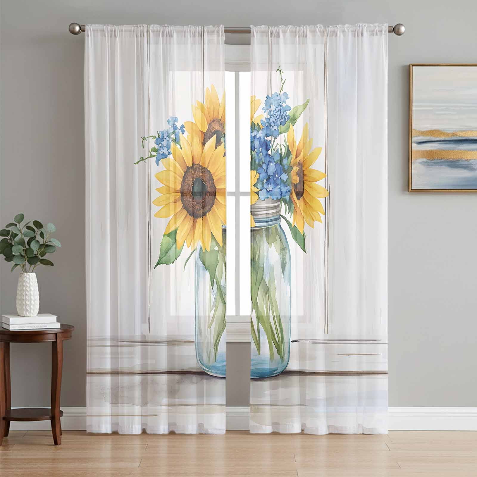 Summer Sheer Curtains 96 Inch Length 2 Panels Set, Farm Floral ...