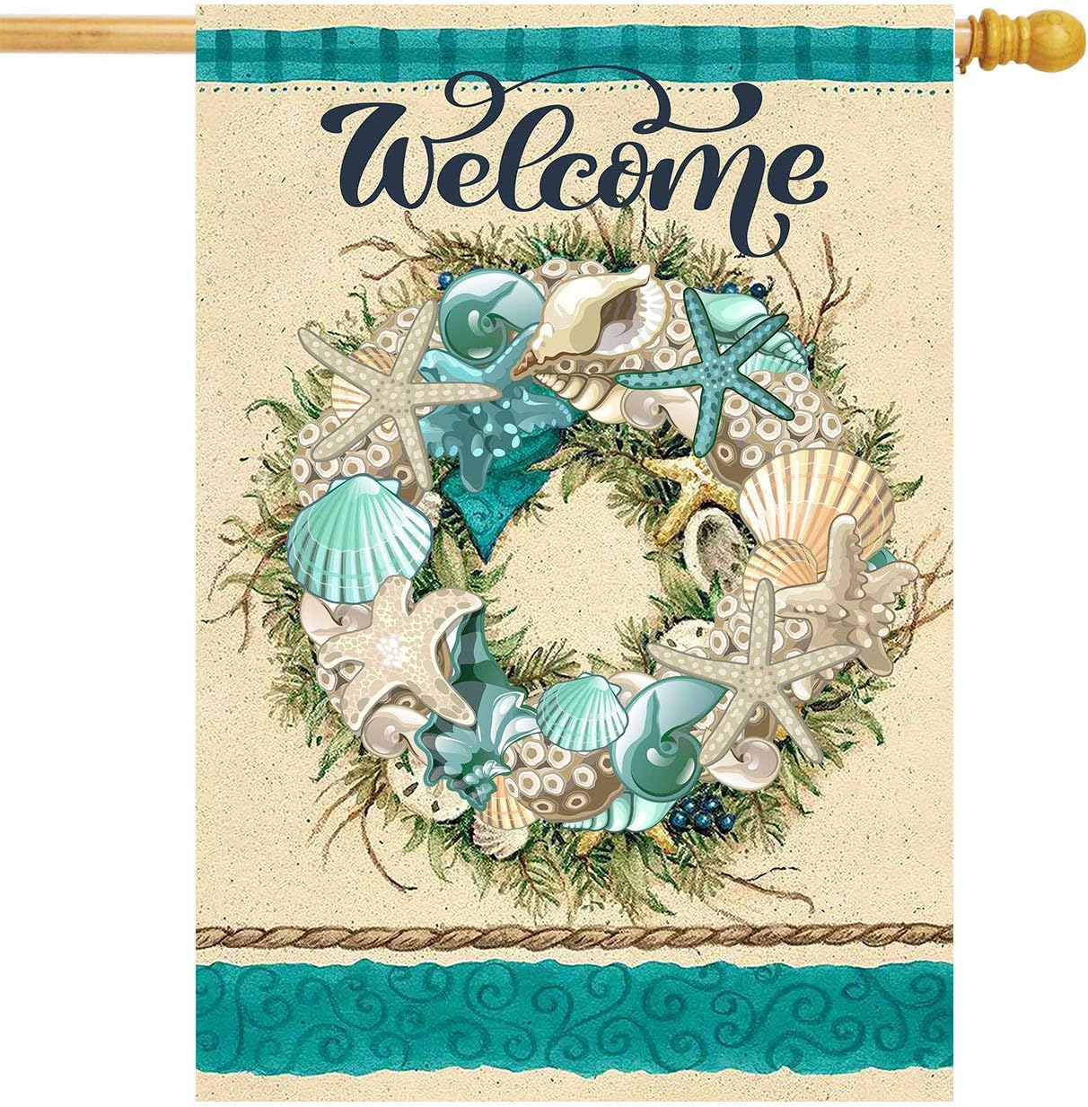 Summer Shell Coastal Wreath House Flag 28 x 40 Double Sided Retro ...