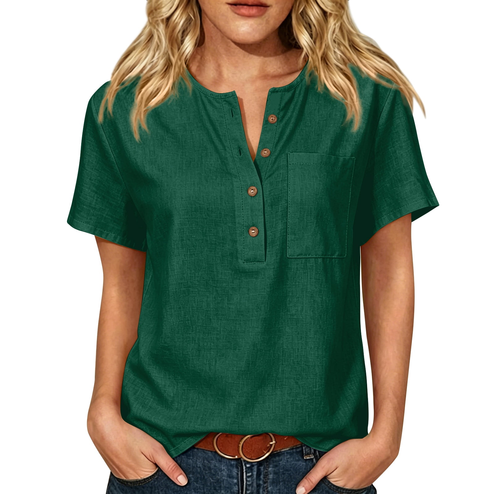 Summer Shirts for Women Short Sleeve Henley Neck Pocket Solid Summer ...