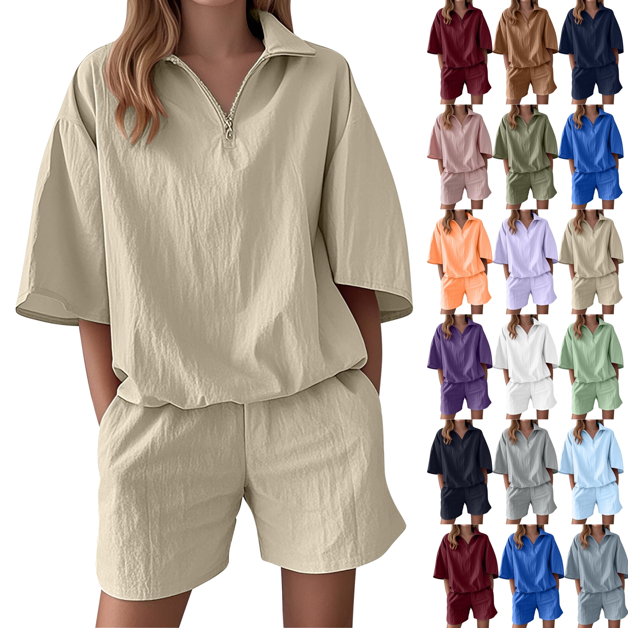 Summer Short Sets Women 2 Piece Outfits Casual Solid Color Stretch ...