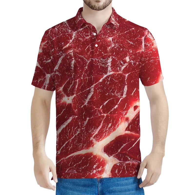 Summer Short Sleeve Mens Polo Shirt Full Print Red Meat Graphic T ...