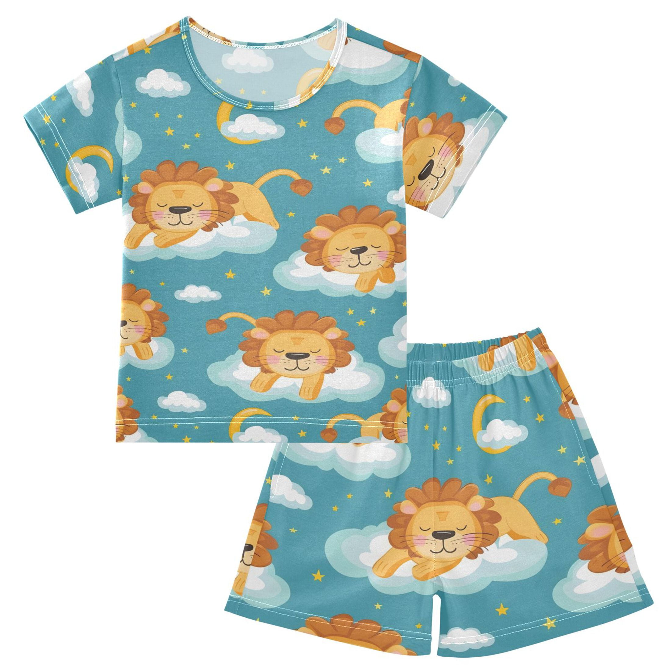 Summer Short Sleeve Pajama Sets Cartoon Lion with Sky Element Cute ...