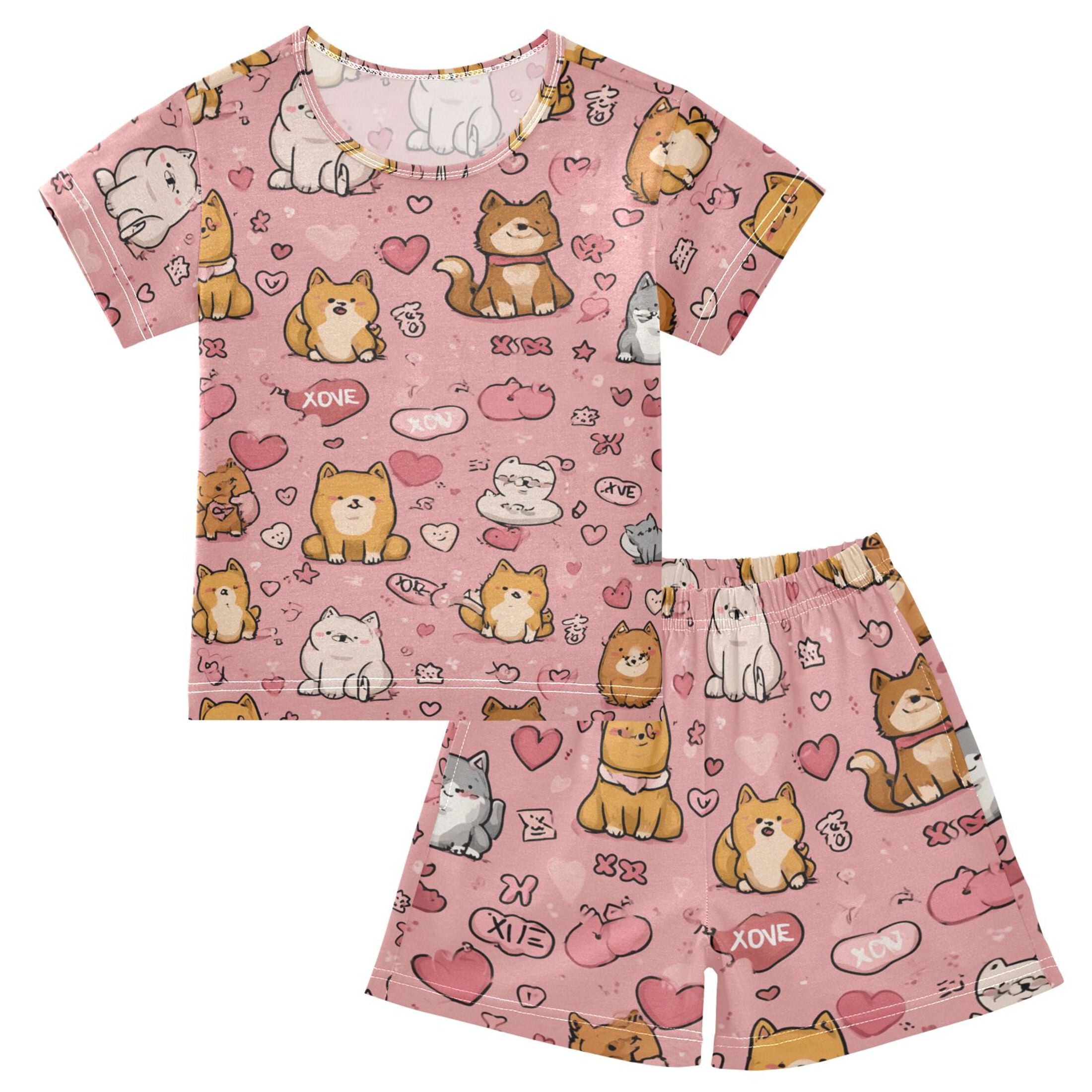 Summer Short Sleeve Pajama Sets Cute Cats and Shiba Inu Dogs Patterns ...