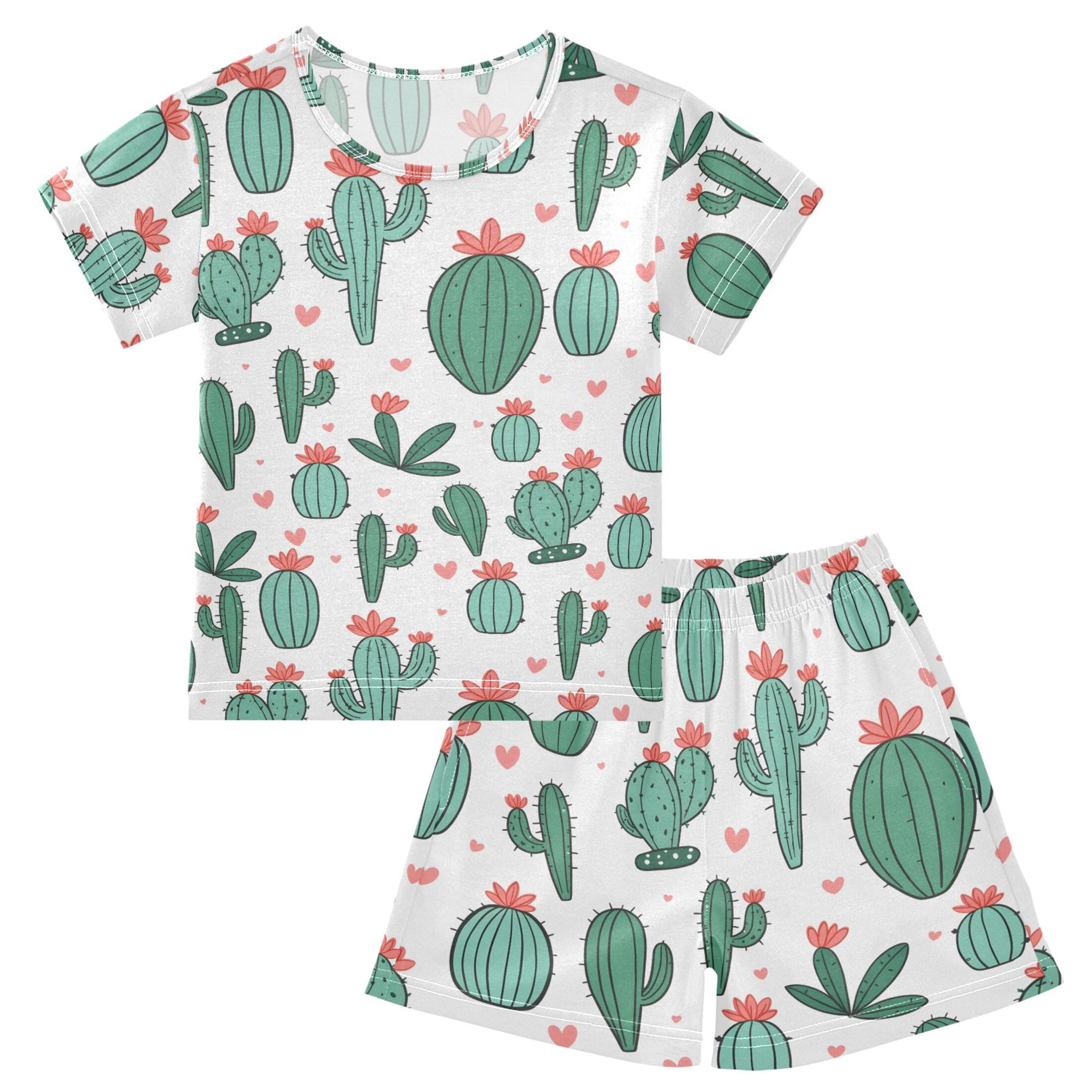 Summer Short Sleeve Pajama Sets Green Flower Cactus Patterns Sleepwear ...