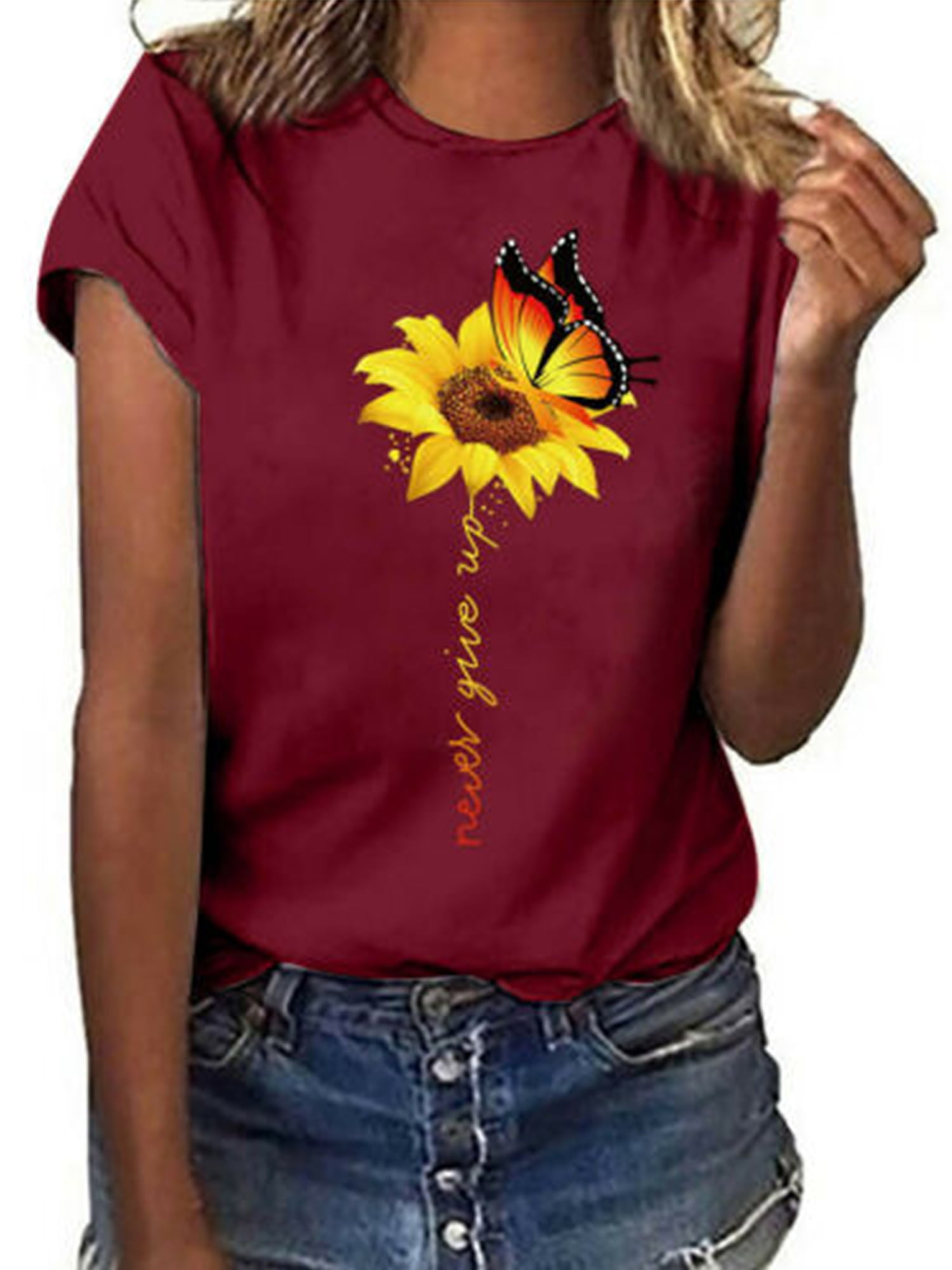 Walmart Women's Summer Short Sleeve T-Shirt, Casual Sunflower Print Top ...