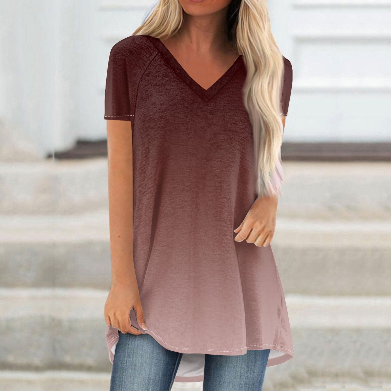 Summer Short Sleeve Tunic Long Tops for Women Trendy Plus Size Flowy ...