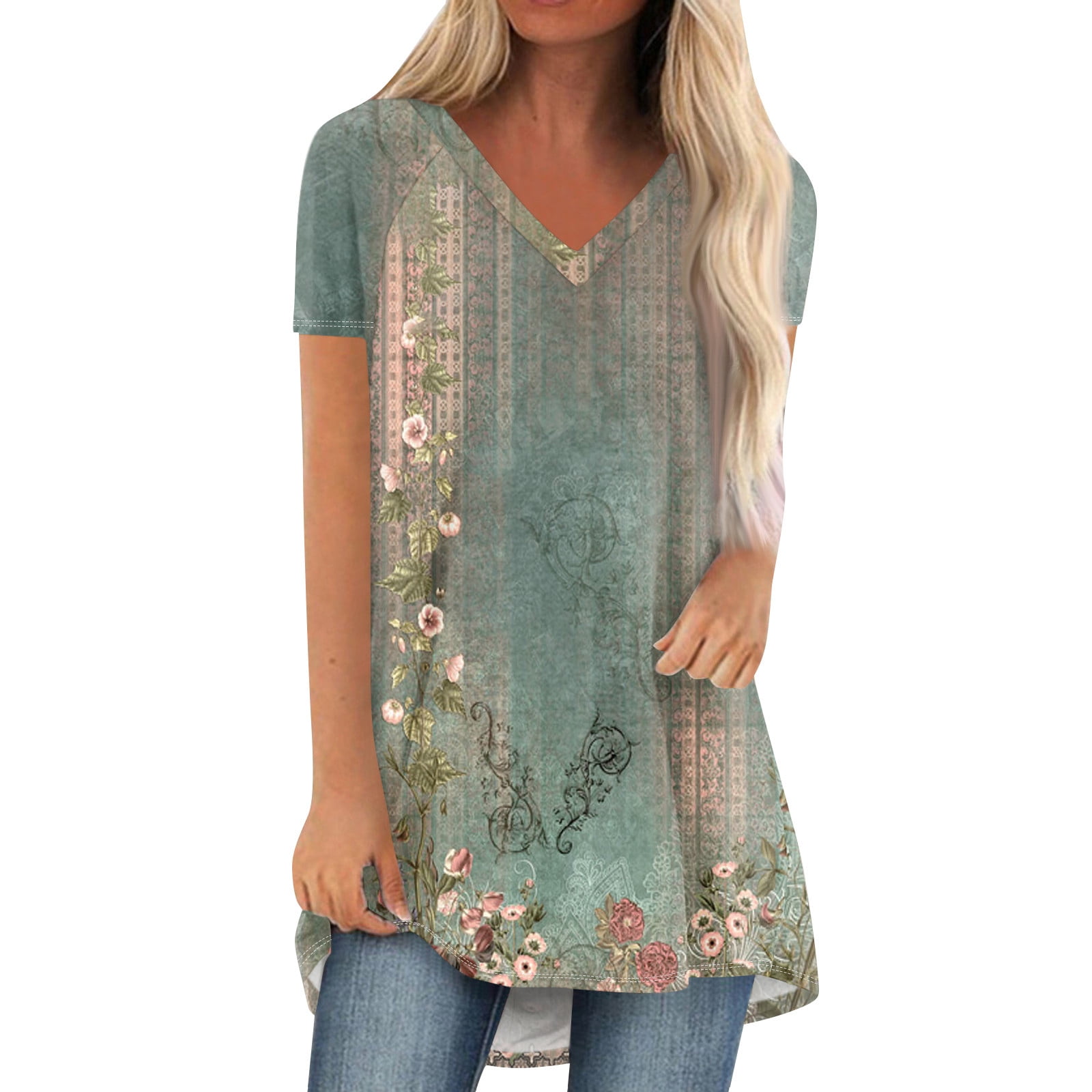 Summer Short Sleeve Tunic Long Tops for Women Trendy Plus Size Flowy ...