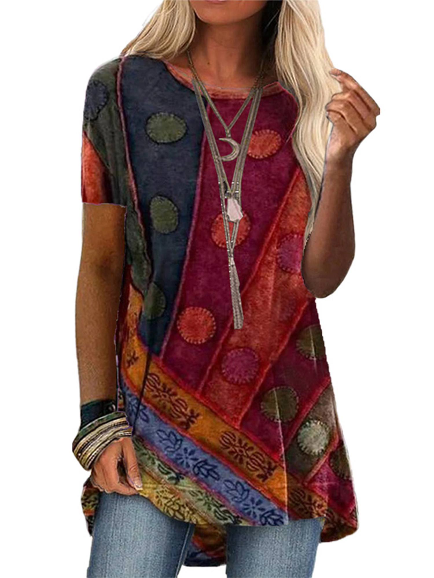 Plus Size Women Summer Daisy Flower Print Top Short Sleeve O-neck ...