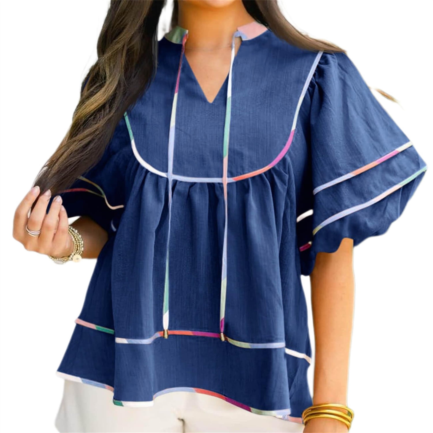 Summer Short Sleeved V-neck Flowy Blouses Casual Loose Oversize Peplum ...