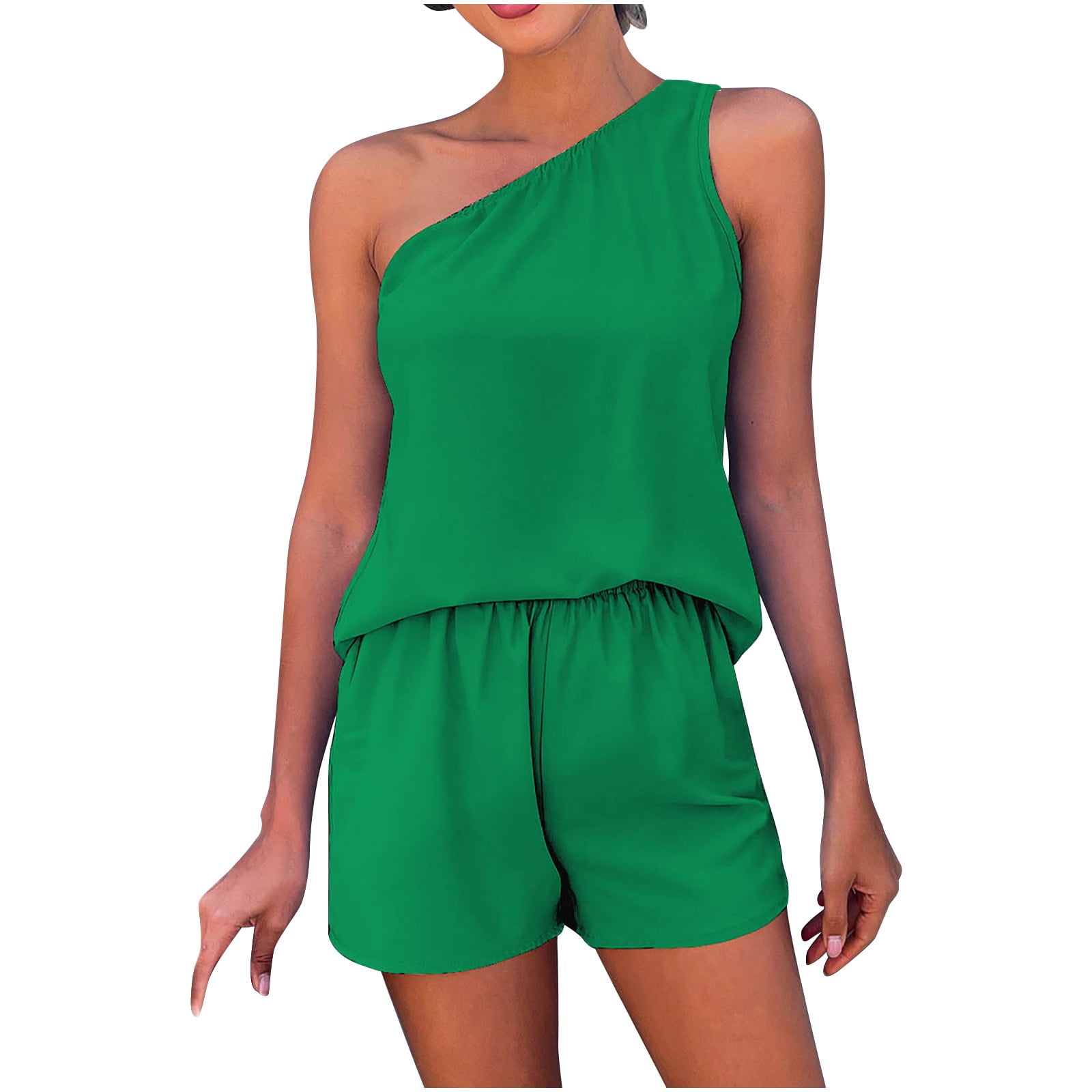 Summer Shorts Set for Women One Shoulder Top and Shorts Casual Dressy 2 ...
